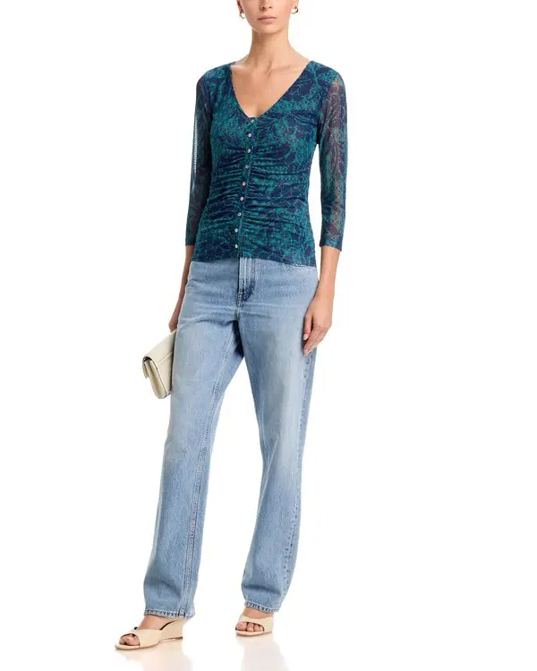 Johnny Was Ruched Button Front Mesh Tee