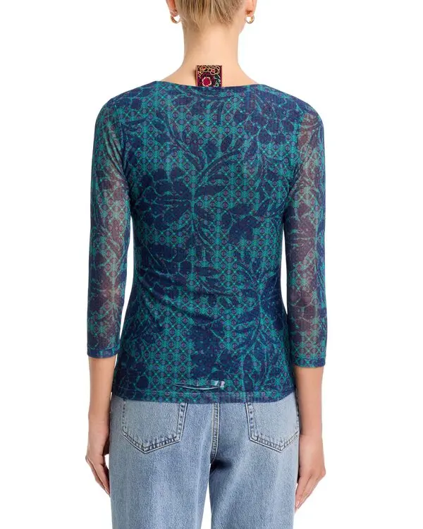Johnny Was Ruched Button Front Mesh Tee