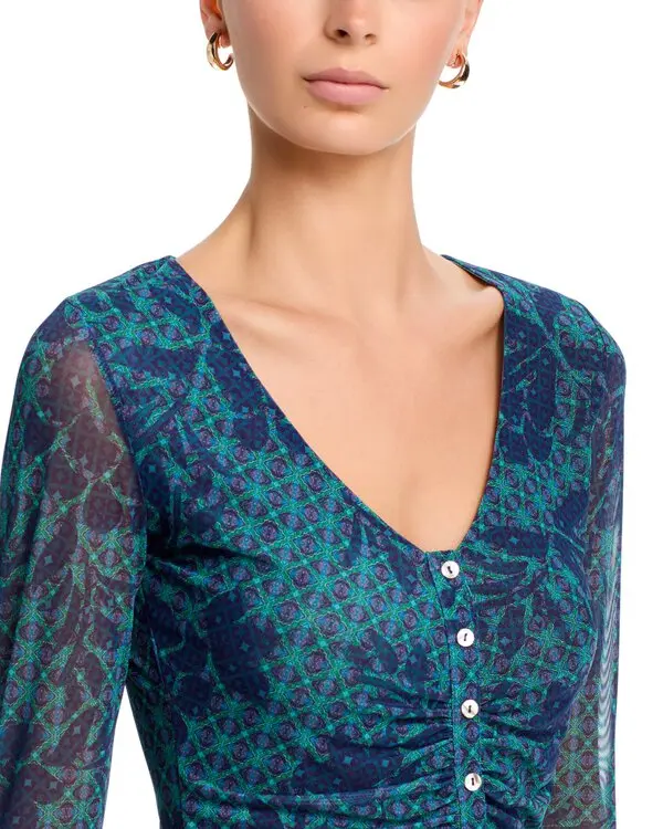 Johnny Was Ruched Button Front Mesh Tee