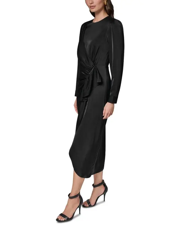 Donna Karan New York Satin Side-ruched Cascade Ruffle Midi Dress - Black