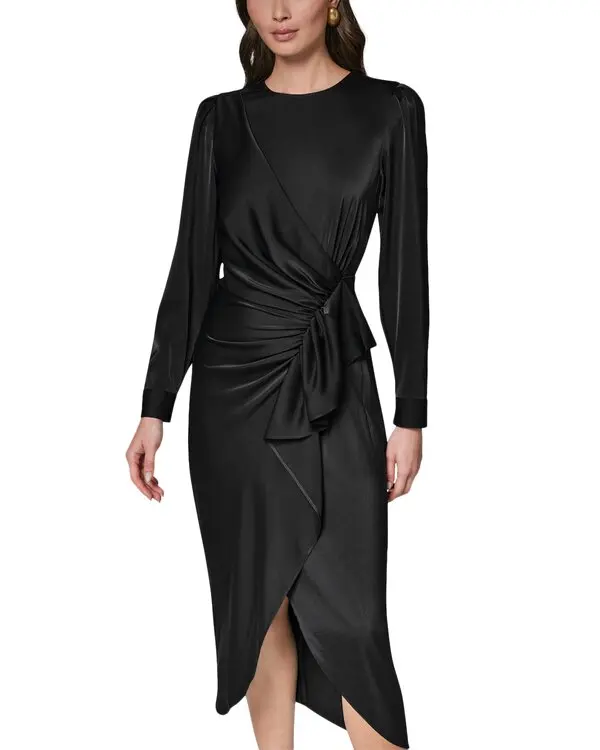 Donna Karan New York Satin Side-ruched Cascade Ruffle Midi Dress - Black