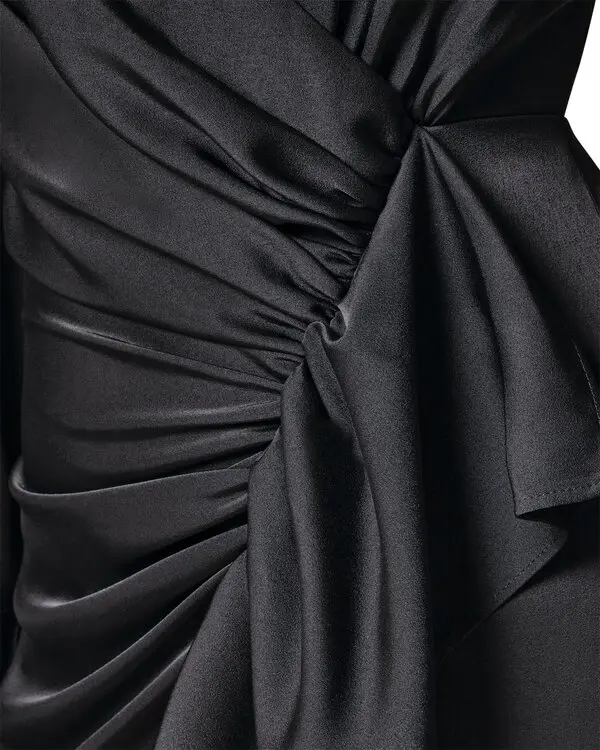 Donna Karan New York Satin Side-ruched Cascade Ruffle Midi Dress - Black
