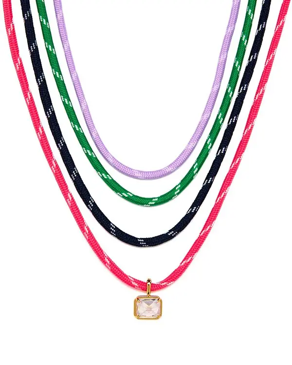 Aqua Bezel Stone Cord Pendant Necklace Set - Emerald-cut