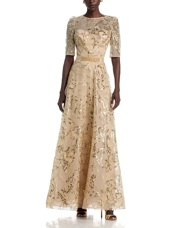 Rickie Freeman For Teri Jon Sequined Embroidered Tulle Gown - Gold