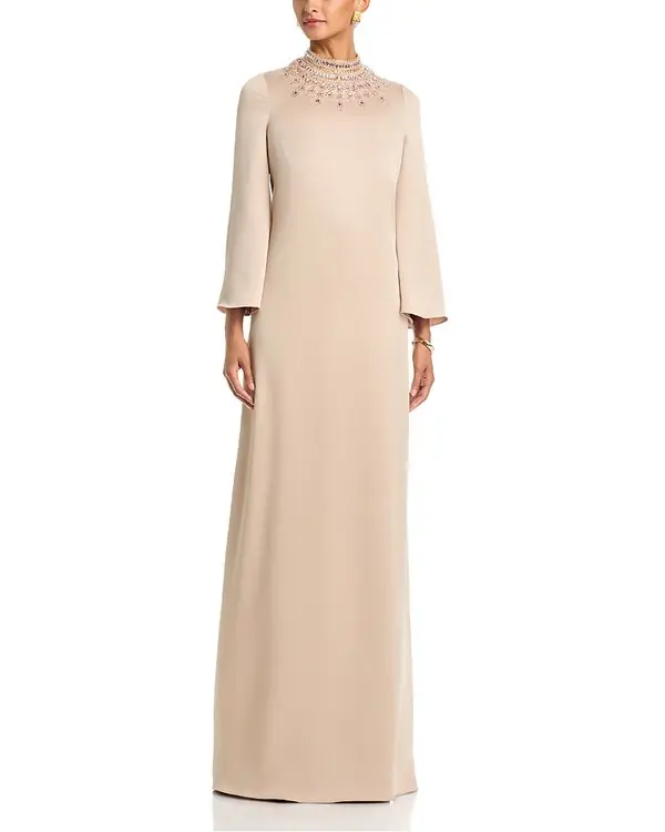 Rickie Freeman For Teri Jon Repe Back Satin Bead Collare Flare Sleeve Gown - Gold