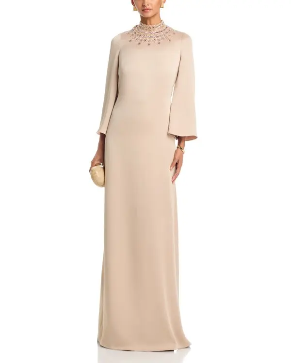 Rickie Freeman For Teri Jon Repe Back Satin Bead Collare Flare Sleeve Gown