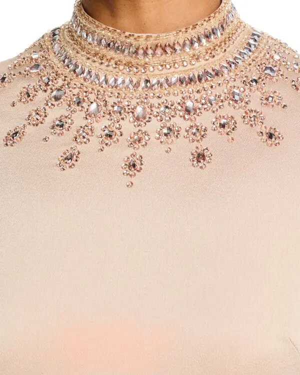 Rickie Freeman For Teri Jon Repe Back Satin Bead Collare Flare Sleeve Gown