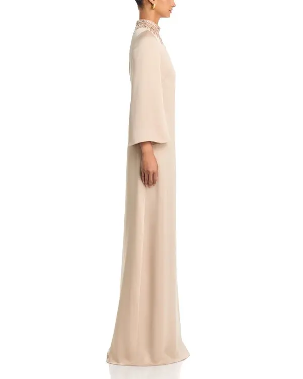 Rickie Freeman For Teri Jon Repe Back Satin Bead Collare Flare Sleeve Gown
