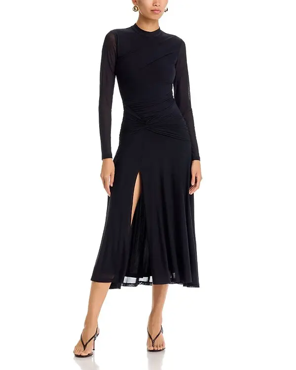 WAYF Selene Ruched Long Sleeve Dress - Black