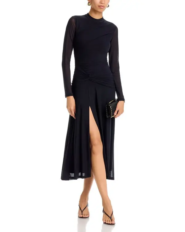 WAYF Selene Ruched Long Sleeve Dress - Black