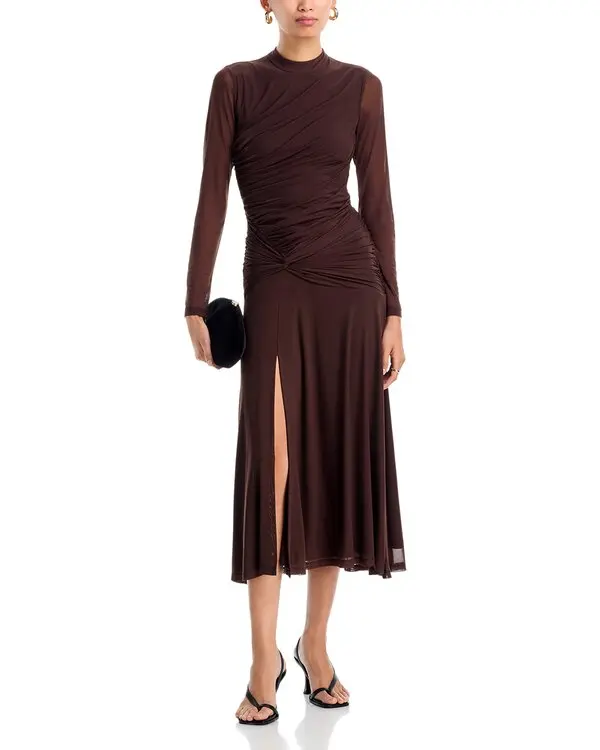 WAYF Selene Ruched Long Sleeve Dress - Chocolate