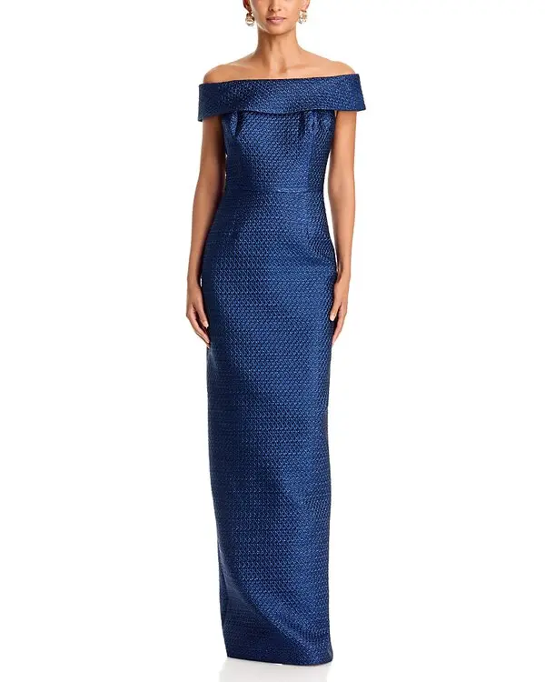Rickie Freeman For Teri Jon Off-the-shoulder Basket Weave Jacquard Gown - Sapphire
