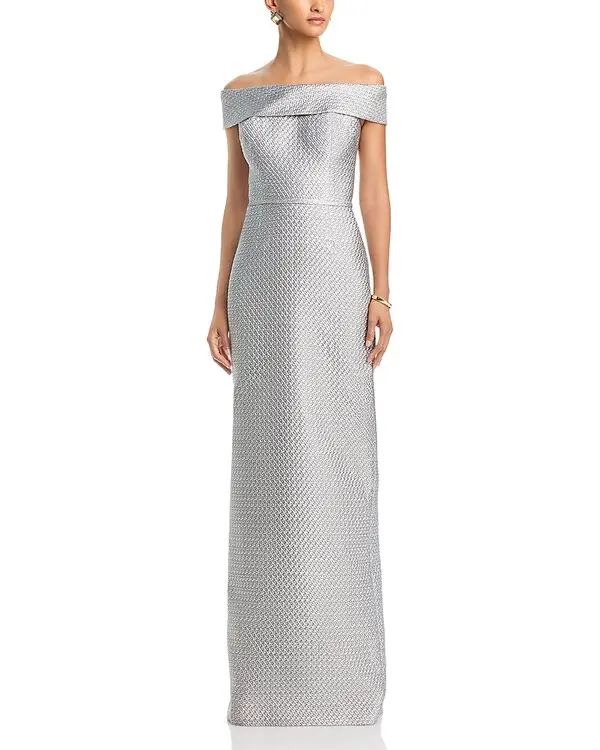 Rickie Freeman For Teri Jon Off-the-shoulder Basket Weave Jacquard Gown - Silver