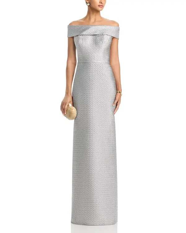Rickie Freeman For Teri Jon Off-the-shoulder Basket Weave Jacquard Gown - Silver