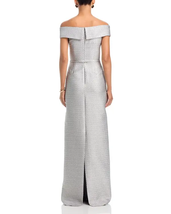 Rickie Freeman For Teri Jon Off-the-shoulder Basket Weave Jacquard Gown - Silver