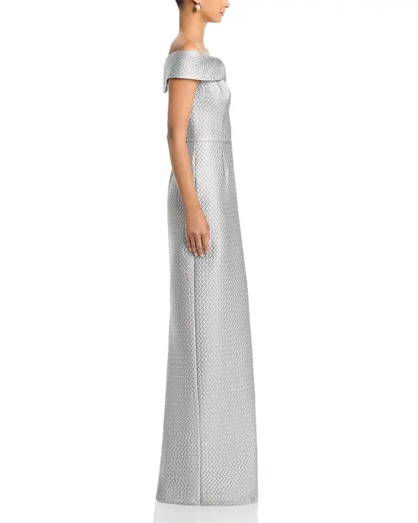 Rickie Freeman For Teri Jon Off-the-shoulder Basket Weave Jacquard Gown - Silver