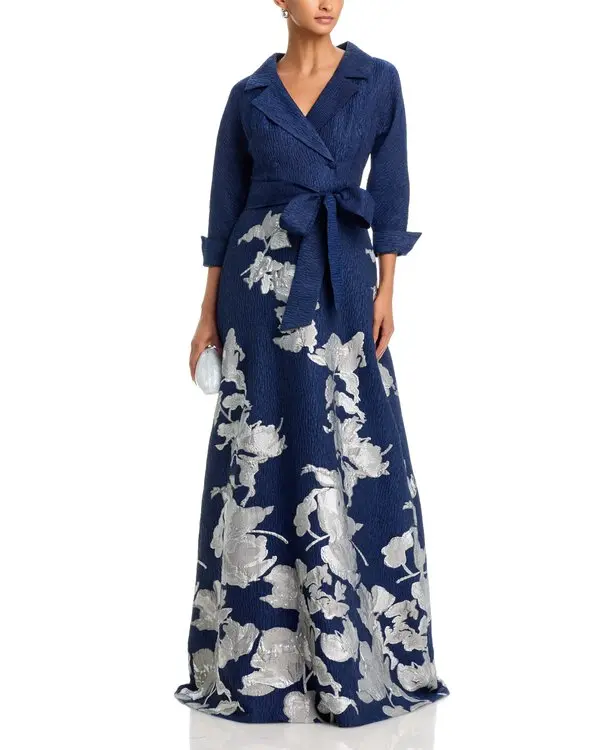 Rickie Freeman For Teri Jon Textured Metallic Jacquard Gown