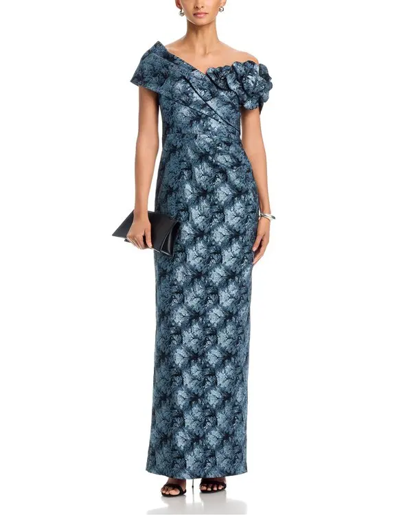 Rickie Freeman For Teri Jon Metallic Jacquard Off-the-shoulder Gown With Floral Embellishment