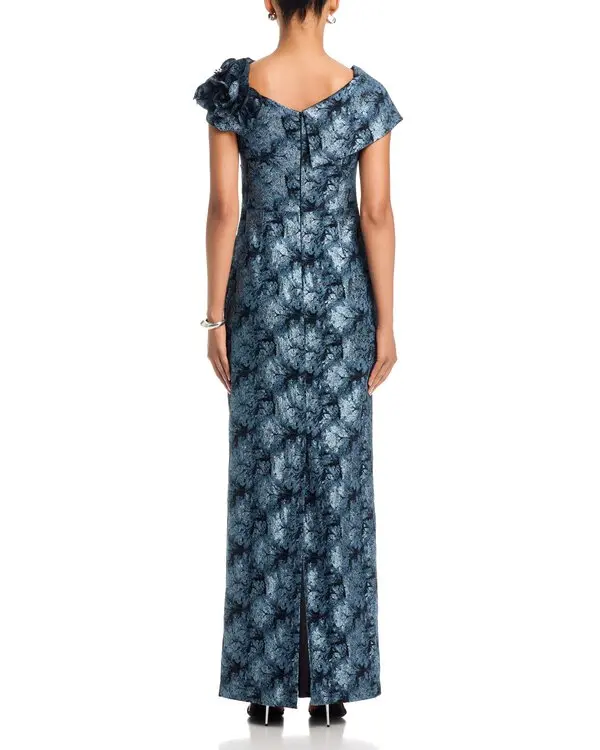 Rickie Freeman For Teri Jon Metallic Jacquard Off-the-shoulder Gown With Floral Embellishment