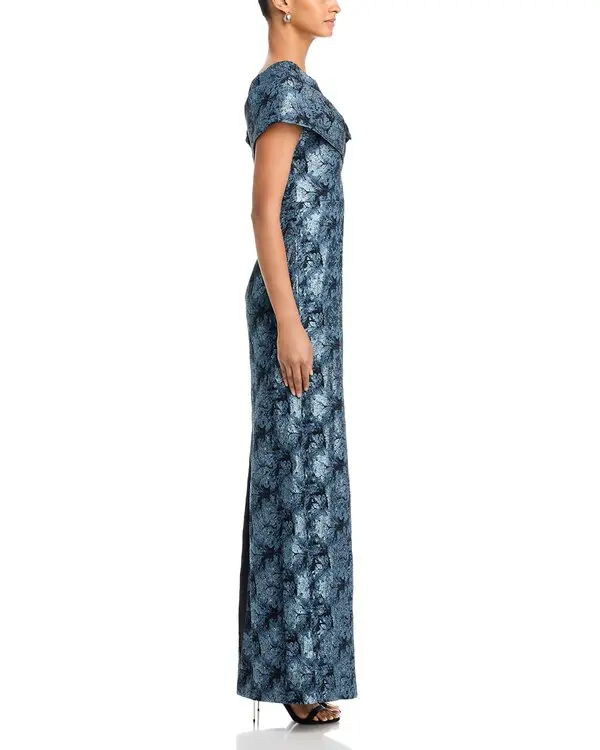 Rickie Freeman For Teri Jon Metallic Jacquard Off-the-shoulder Gown With Floral Embellishment
