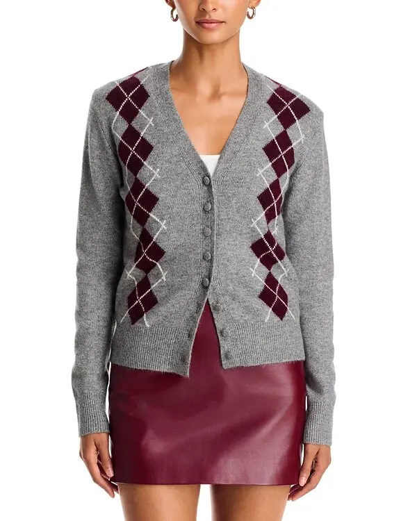 WAYF Elizabeth Argyle Cardigan Sweater - Grey/maroon