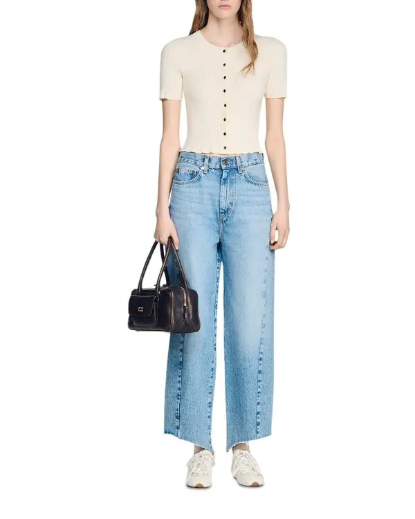 Sandro Area Ruffled Rib Knit Cardigan