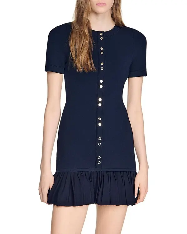 Sandro Keira Ruffled Short Knit Dress - Midnight Blue