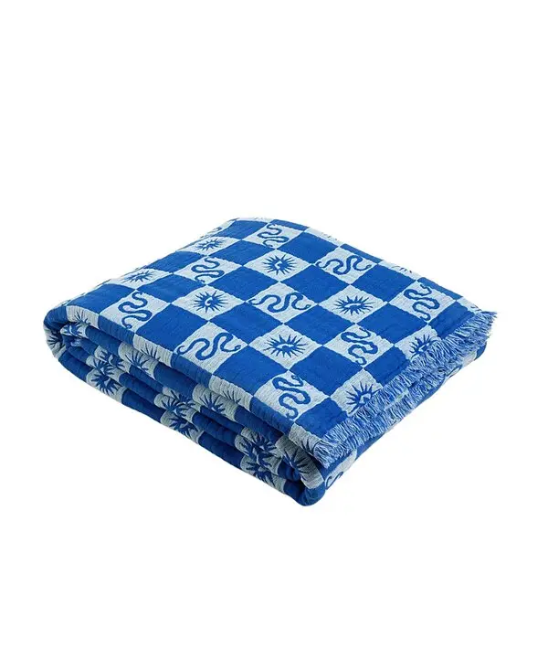 ZSA ZSA ZSU Costa Geometric Jacquard Fringed Oversiezed King Blanket, 102 X 94 - Medium Blue