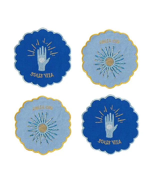 ZSA ZSA ZSU Nilufer 4 Pcs Digital Printed Overlocked Embroidered 100% Cotton Coaster Set, 5.12 X 5.12