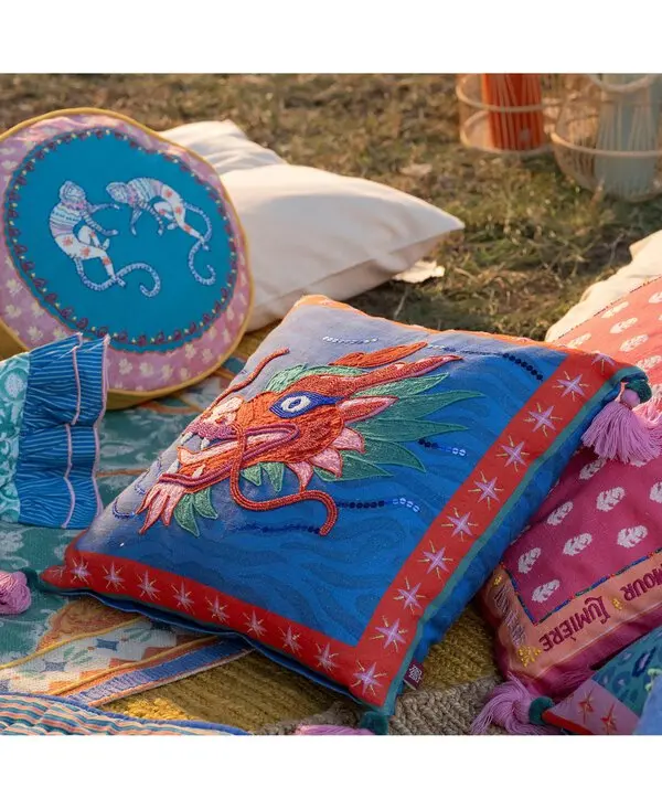 ZSA ZSA ZSU Ghuni Tasseled Embroidered Cotton Cushion, 19.6 X 19.6