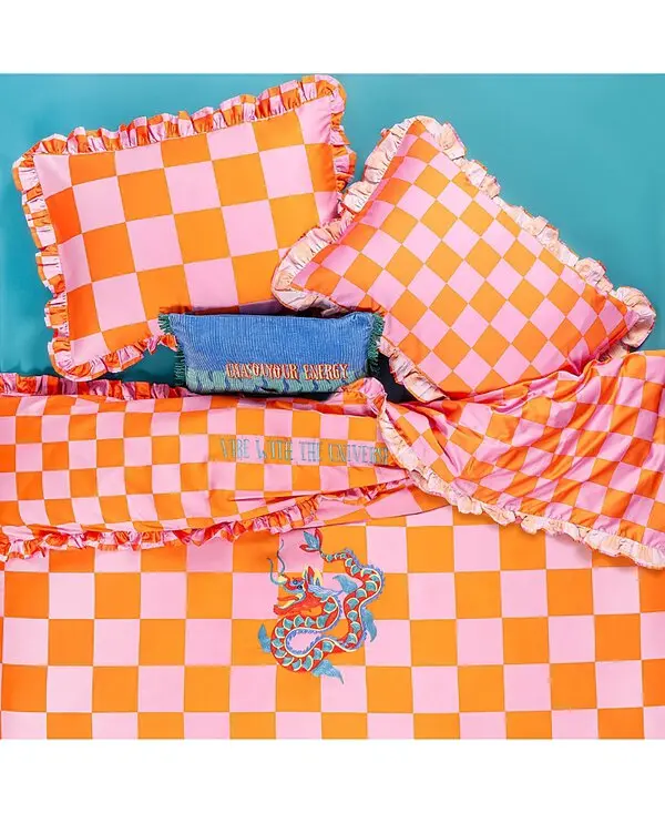 ZSA ZSA ZSU Lahor 300 Tc Satin Duvet Cover Set In Checked, 102.36 X 86.61 - Orange