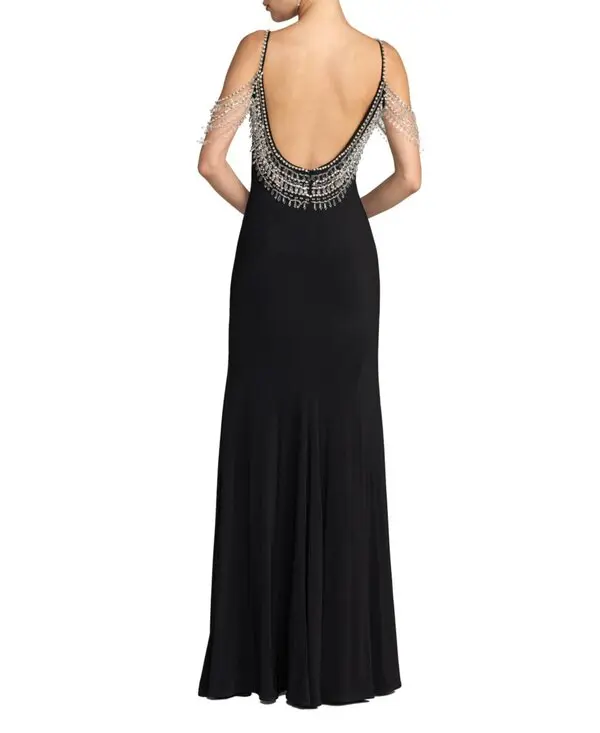 Mac Duggal Crystal Beaded Scoop Back Jersey Gown With Slit