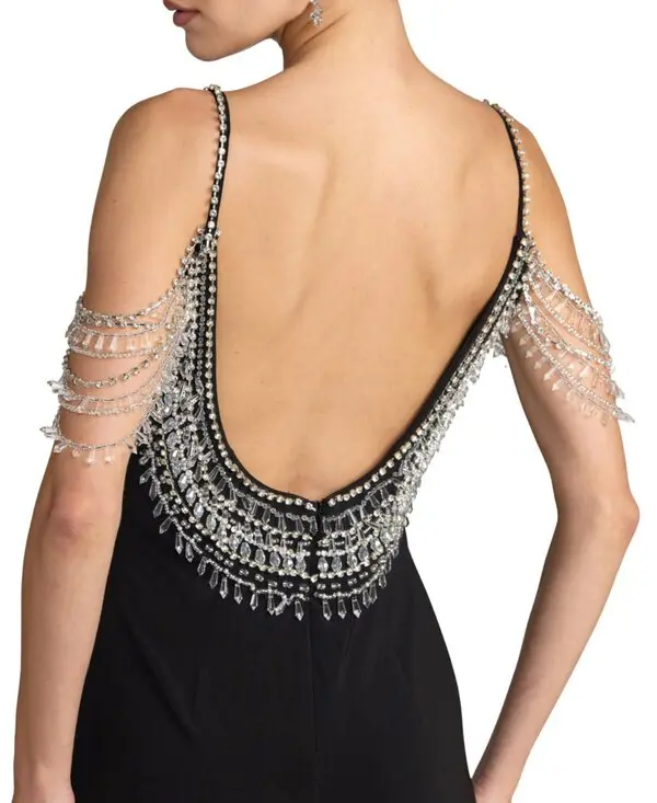 Mac Duggal Crystal Beaded Scoop Back Jersey Gown With Slit