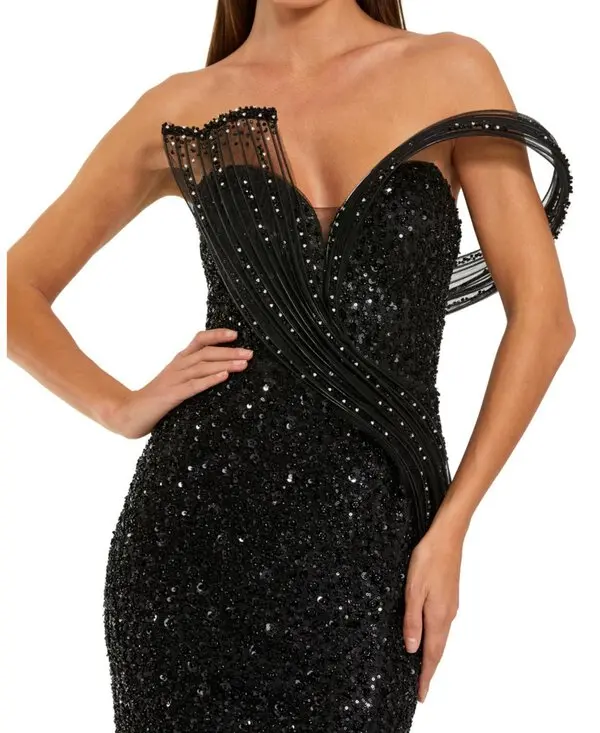 Mac Duggal Petite Sequin Gown With Sculptural Off-shoulder Detail