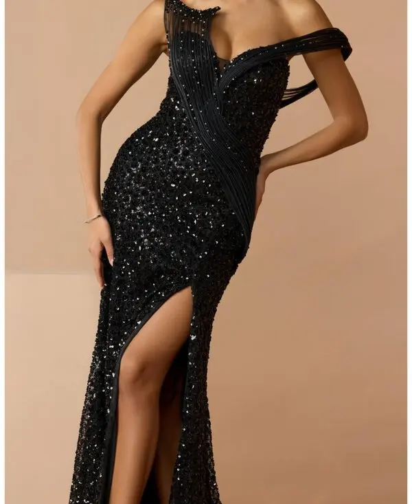 Mac Duggal Petite Sequin Gown With Sculptural Off-shoulder Detail