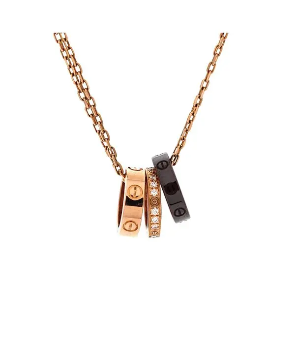 CARTIER Love 3 Ring Pendant Necklace 18k Rose Gold And Ceramic With Diamonds, 16 - Pink