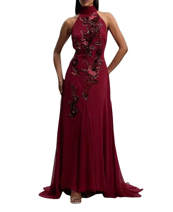 Karen Millen Embellished Halter Maxi Dress - Wine
