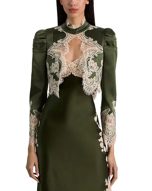 Alice + Olivia Thomasina Puff Sleeve Lace Trim Cropped Jacket - Dark Fern