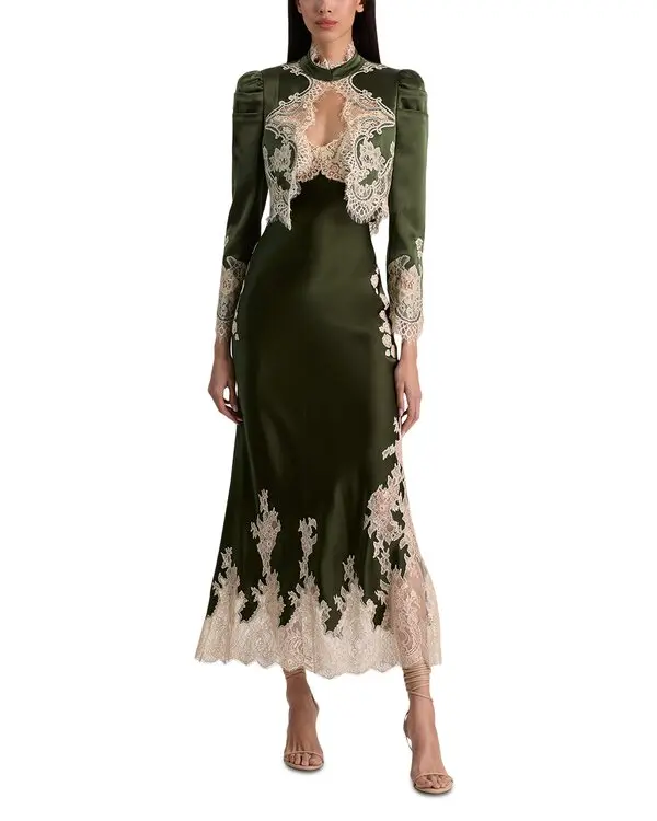 Alice + Olivia Thomasina Puff Sleeve Lace Trim Cropped Jacket - Dark Fern