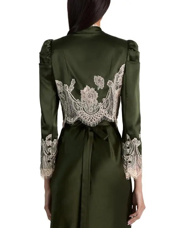 Alice + Olivia Thomasina Puff Sleeve Lace Trim Cropped Jacket - Dark Fern
