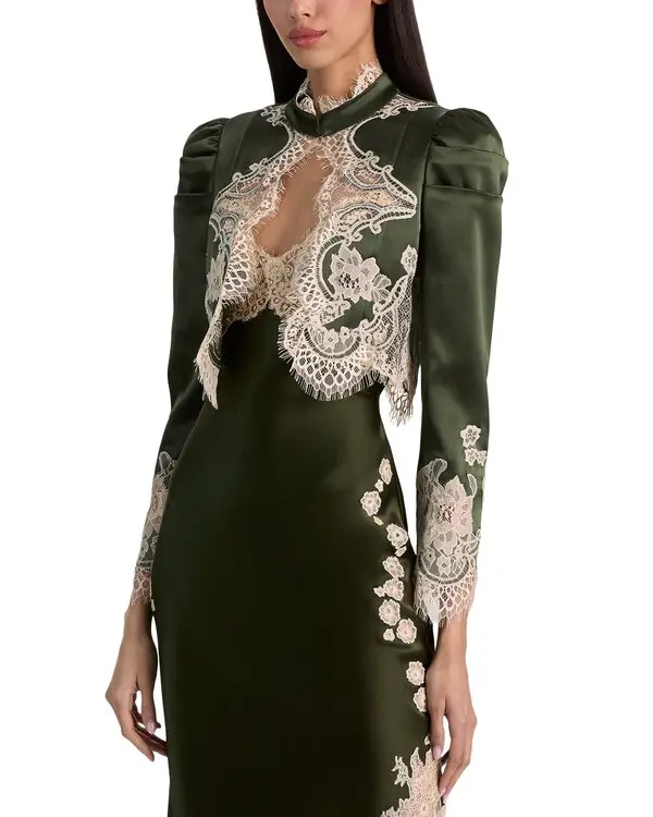 Alice + Olivia Thomasina Puff Sleeve Lace Trim Cropped Jacket - Dark Fern