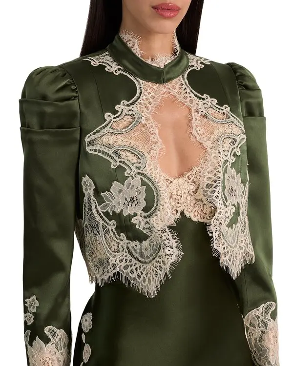 Alice + Olivia Thomasina Puff Sleeve Lace Trim Cropped Jacket - Dark Fern