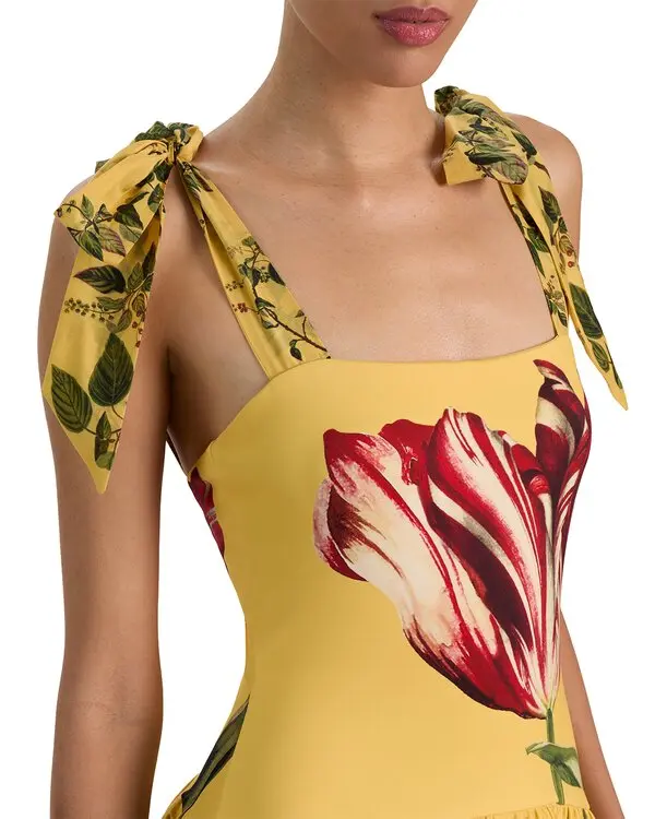 Alice + Olivia Oriana Tie Strap Drop Waist Midi Dress With Floral Print - Soft Tulip