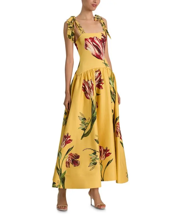 Alice + Olivia Oriana Tie Strap Drop Waist Midi Dress With Floral Print - Soft Tulip
