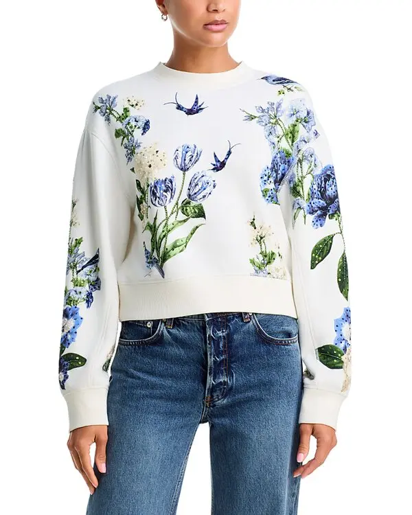 Alice + Olivia Russell Cotton Embellished Sweatshirt With Floral And Bird Print