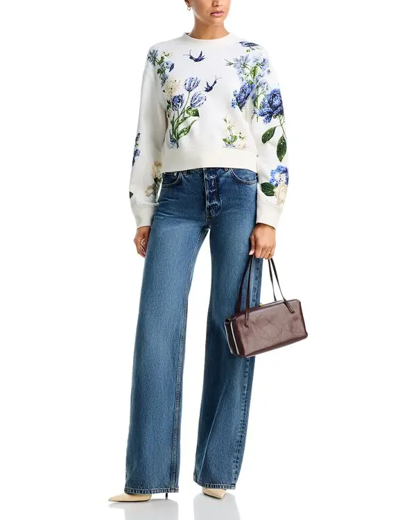 Alice + Olivia Russell Cotton Embellished Sweatshirt With Floral And Bird Print