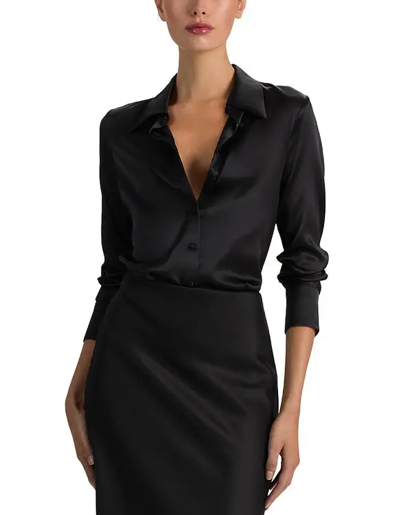 Alice + Olivia Willa 70s Collar Placket Top - Black