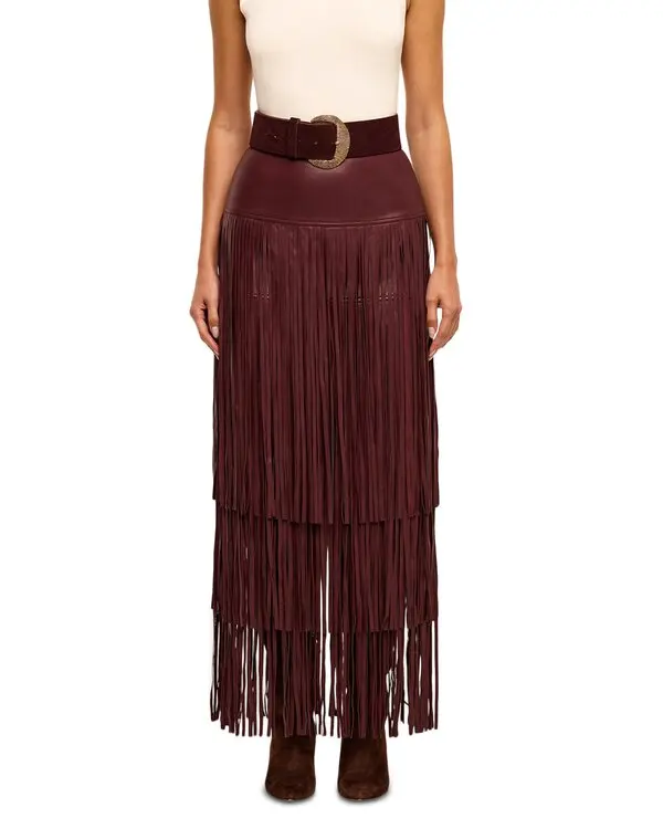 L'AGENCE Karoline Maxi Fringe Faux Leather Skirt - Deep Port