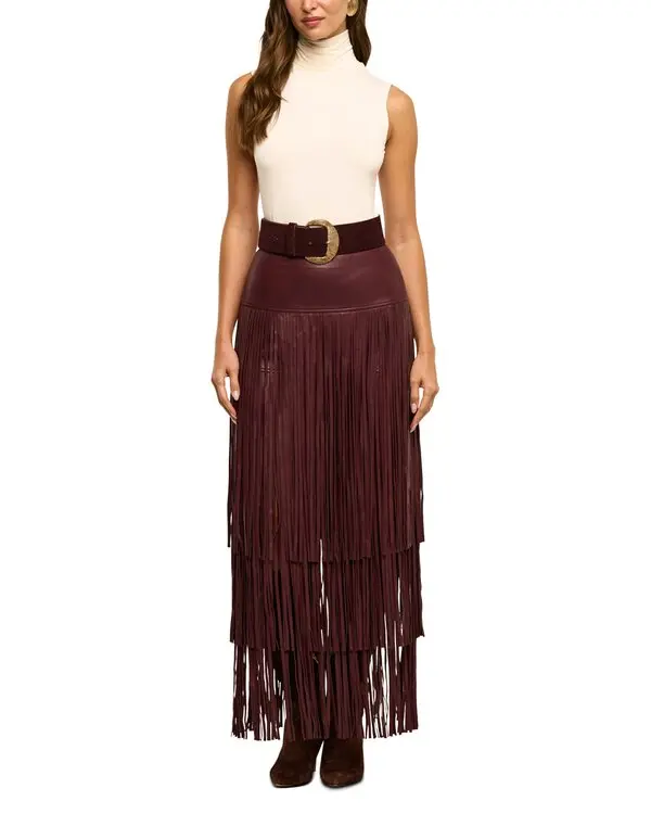 L'AGENCE Karoline Maxi Fringe Faux Leather Skirt - Deep Port