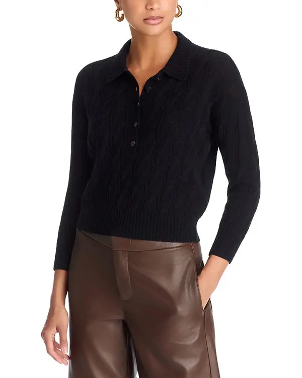 L'Agence Airy Cable Knit Polo Sweater - Black